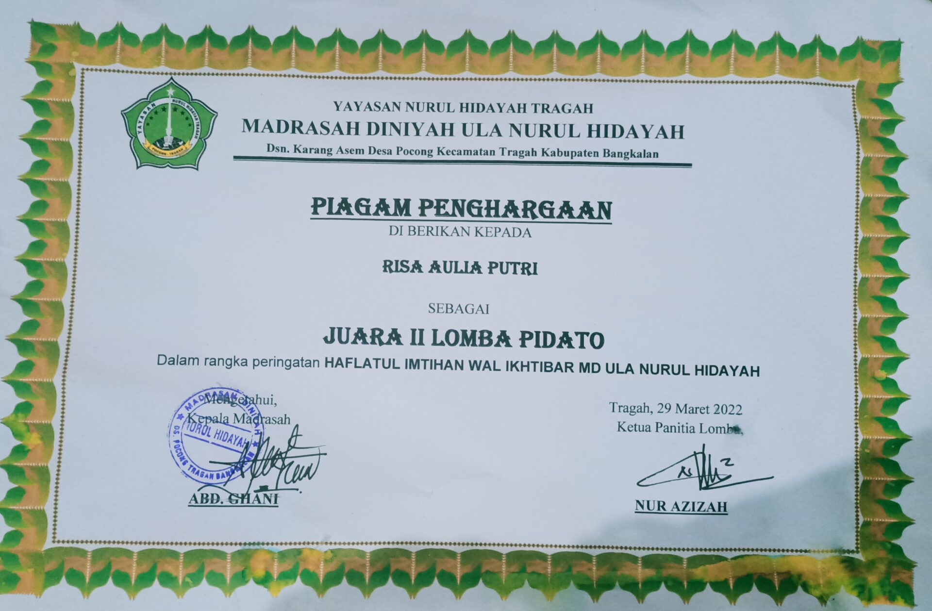 Piagam Penghargaan Juara II Lomba Pidato - Hos News